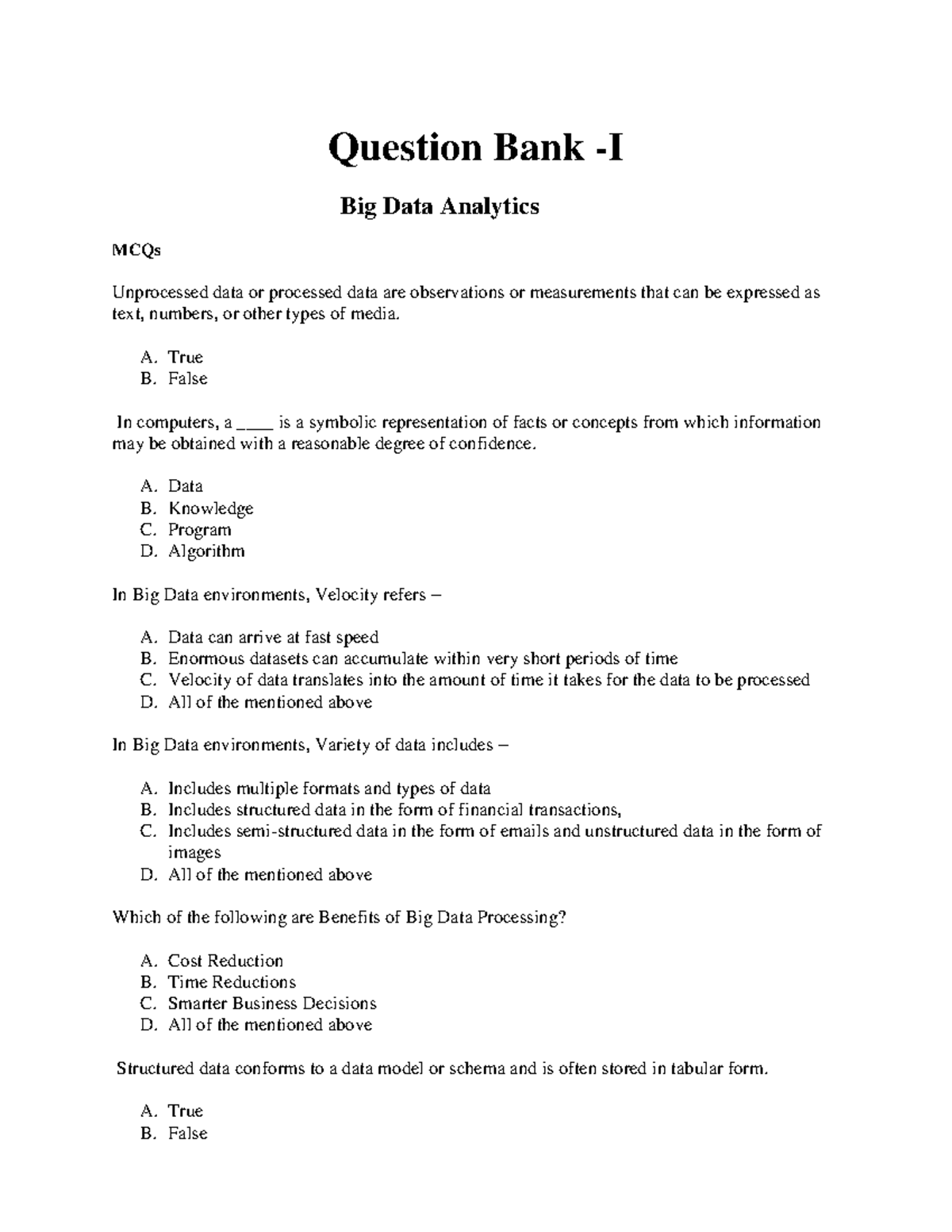 1 Question Bank for BDA June 2022 - Question Bank -I Big Data Analytics ...
