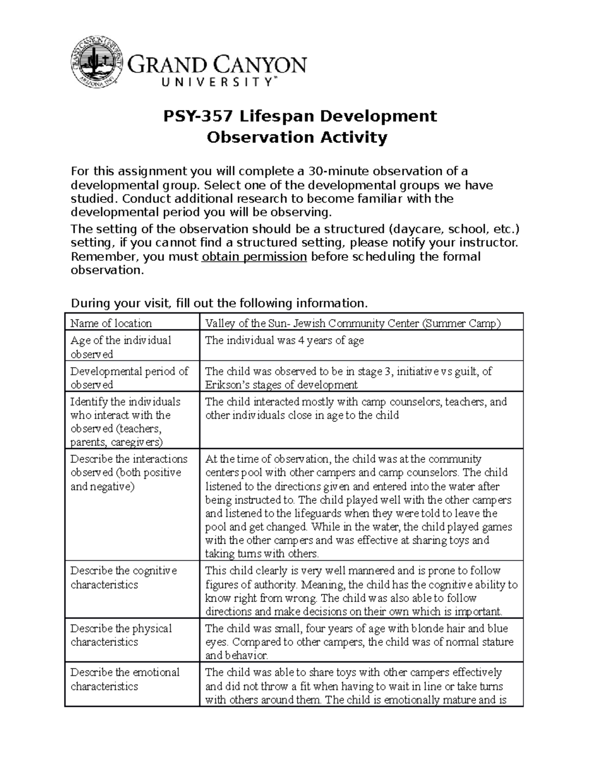 PSY 357 T7 RS Observation Activity - PSY-357 Lifespan Development ...