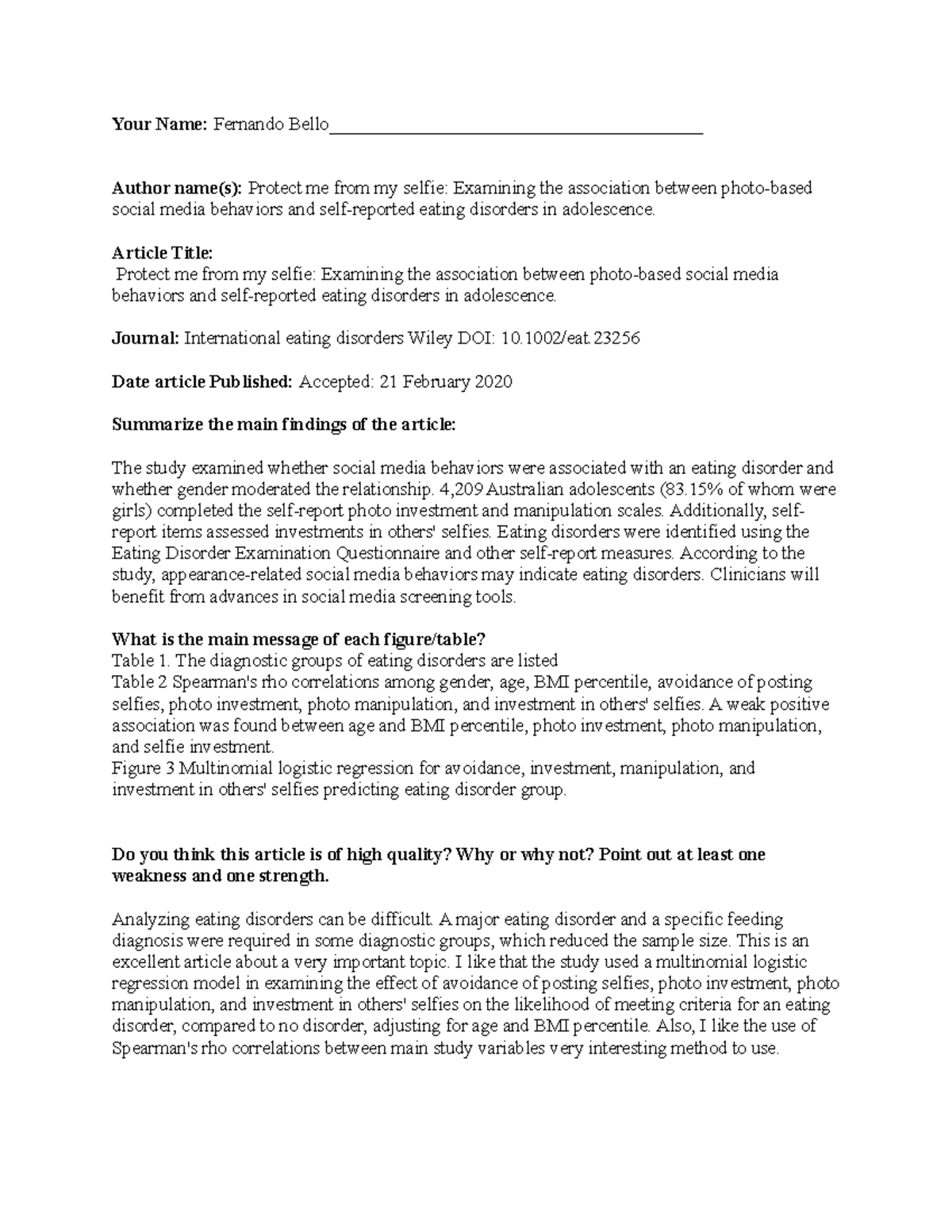 Journal Assignment Handout (10) - Your Name: Fernando Bello