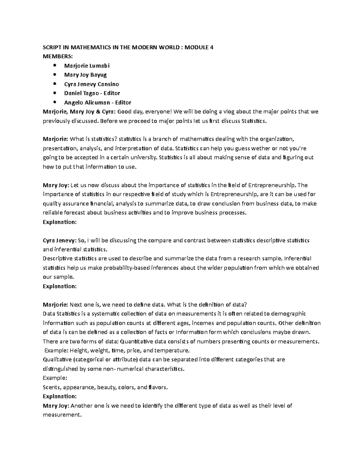 First Draft ( Script) - SCRIPT IN MATHEMATICS IN THE MODERN WORLD ...