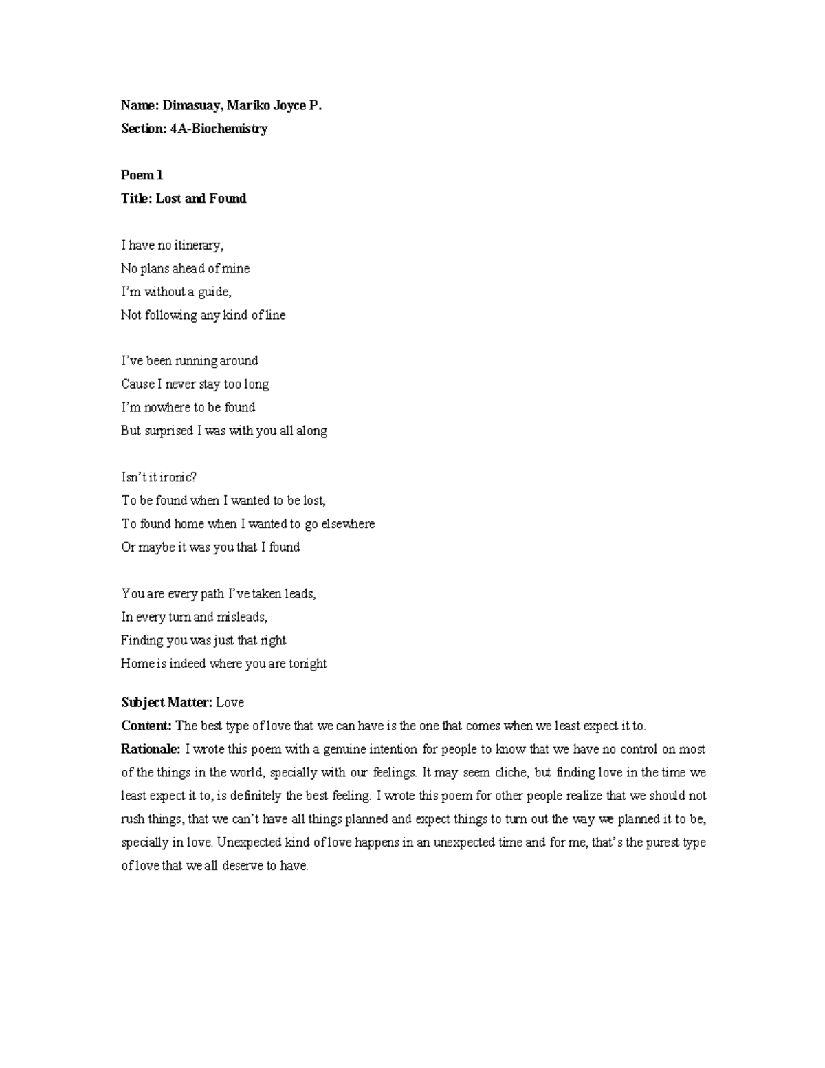 Dimasuay - PETA - Prelims - Poem - Name: Dimasuay, Mariko Joyce P ...