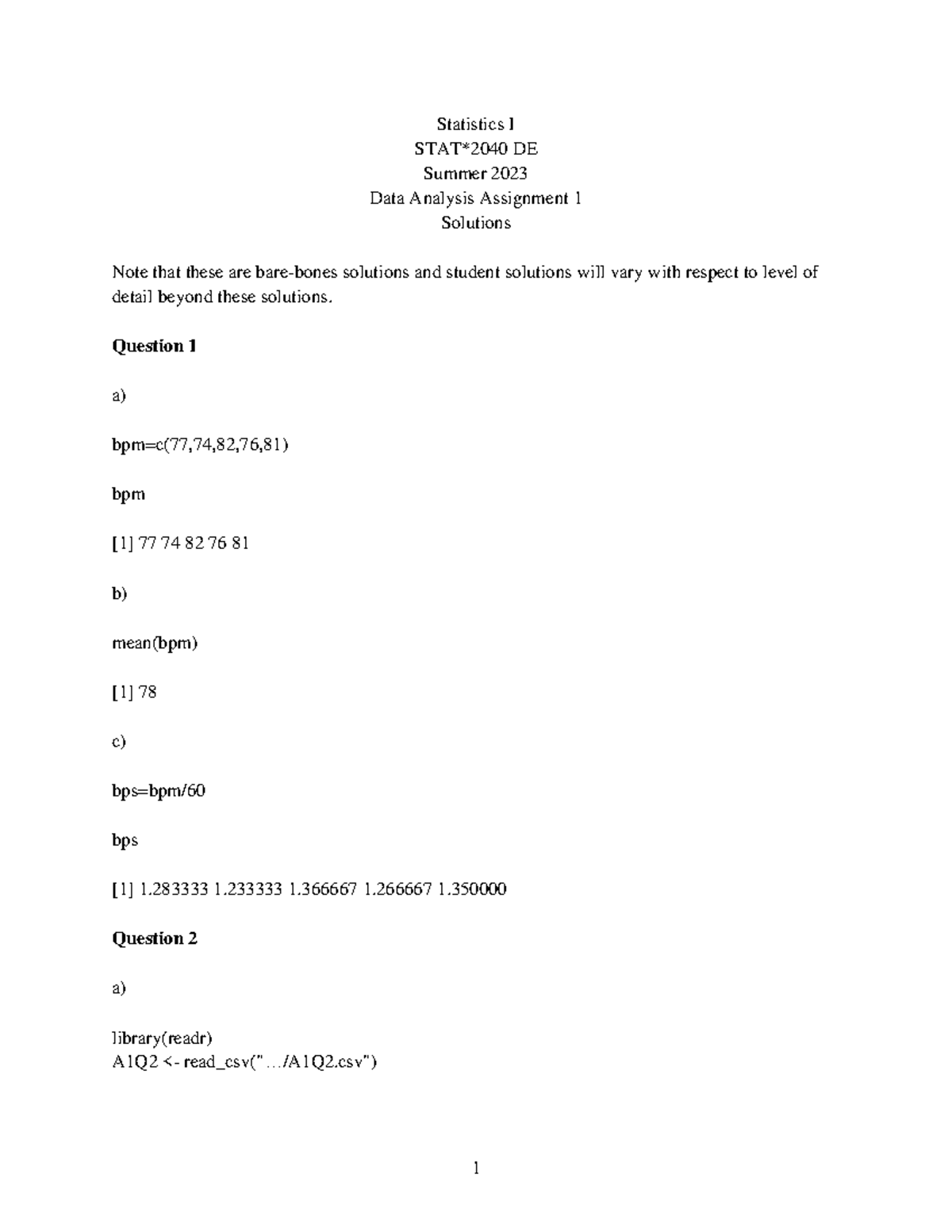 Data Analysis Assignment 1 2023 Solutions (1) - Statistics I STAT*2040 ...