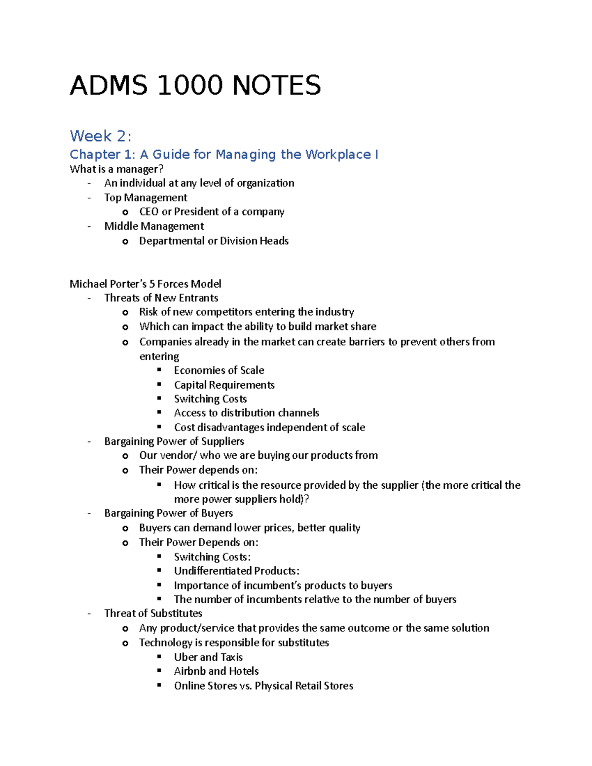 ADMS 1000 Notes - ADMS NOTES Week 2: Chapter 1: A Guide for Managing ...