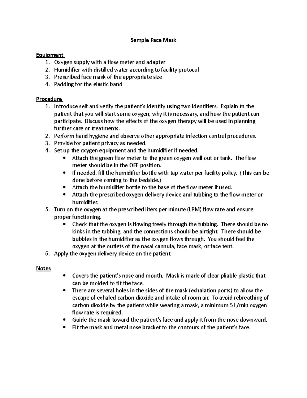 Sample Face Mask - dddfdfd fdfd - Sample Face Mask Equipment 1. Oxygen ...