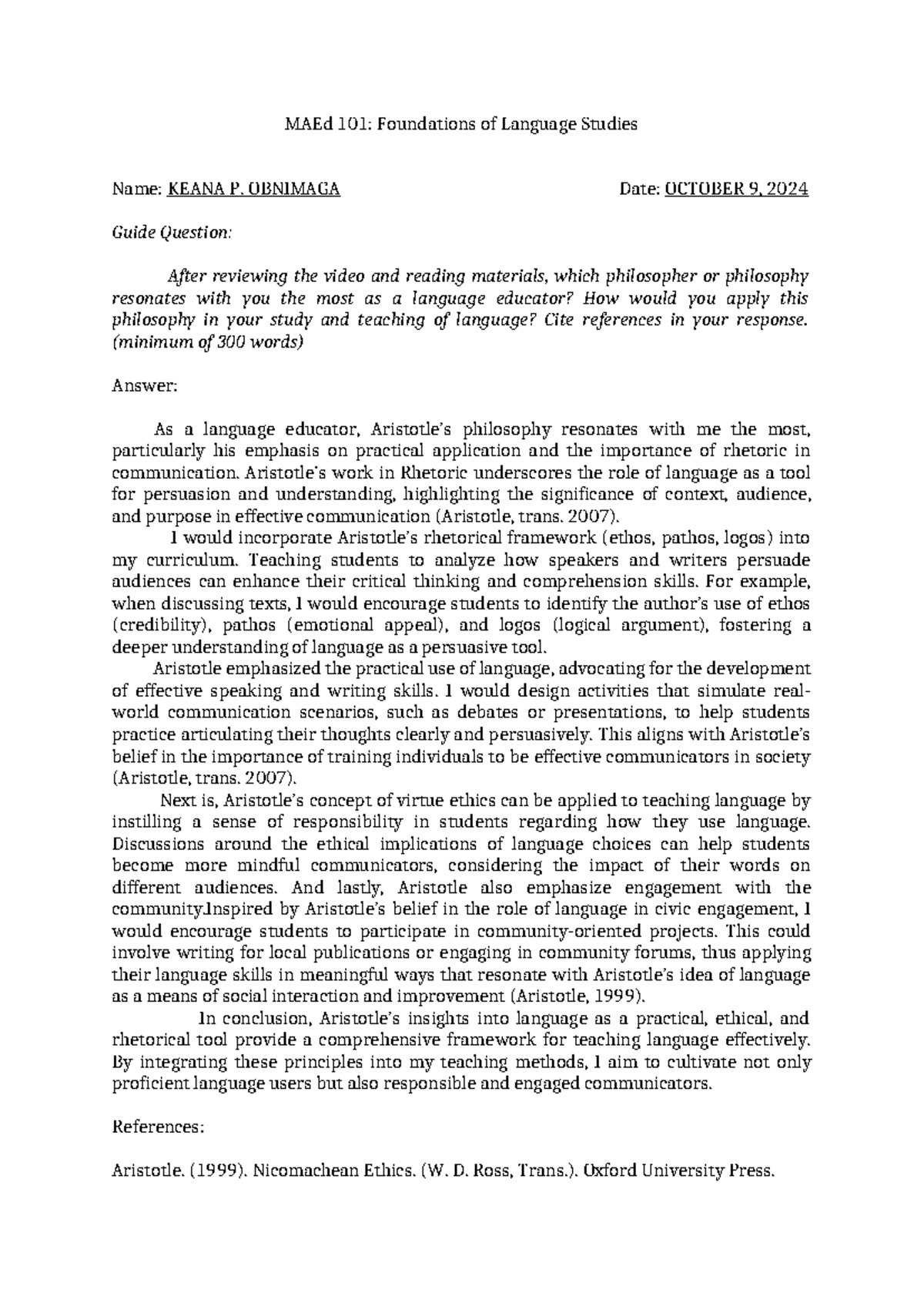 Keana Obnimaga Task-1 answer - MAEd 101: Foundations of Language ...