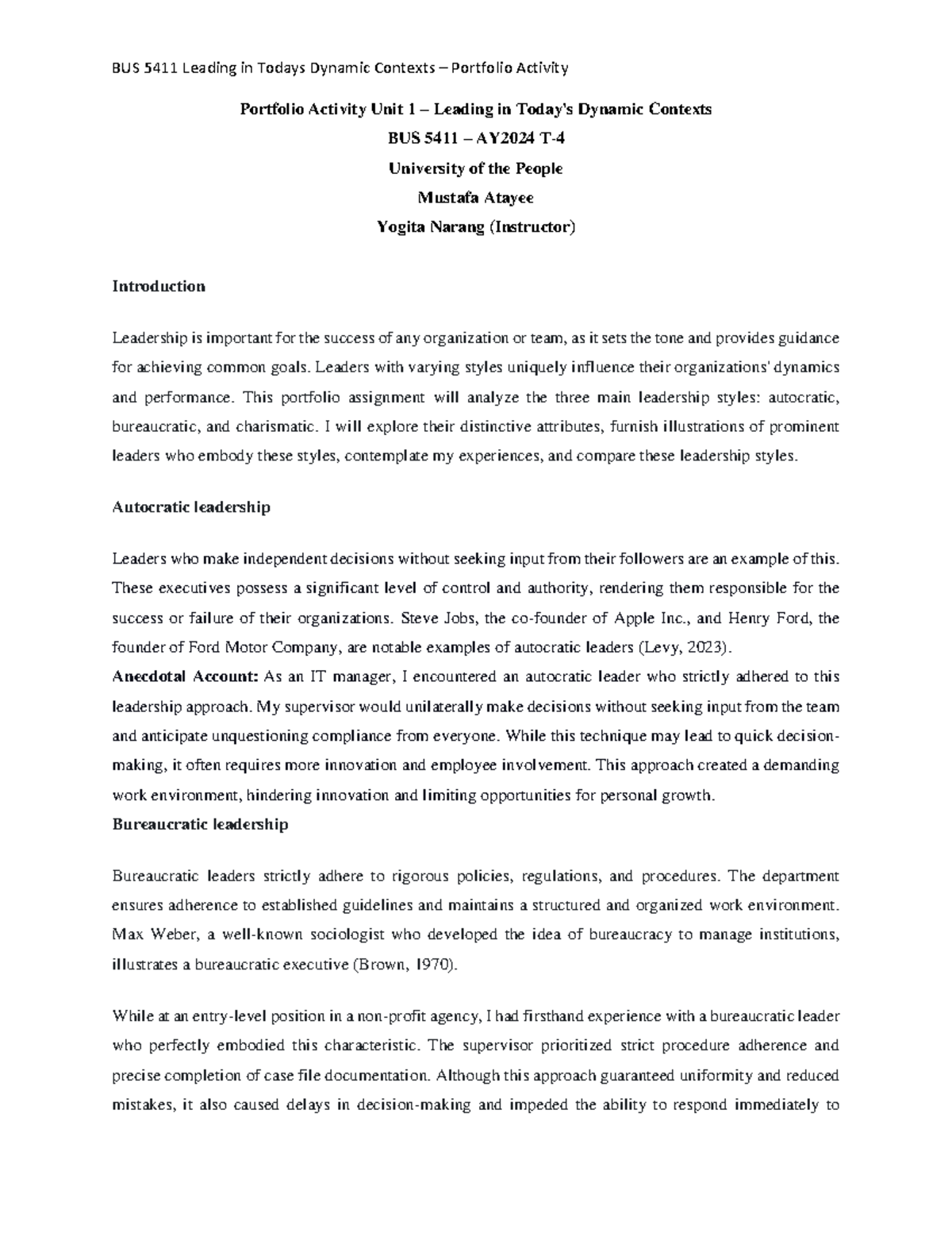 Portfolio Activity Unit 1 - BUS 5 411 Leading in Todays Dynamic ...