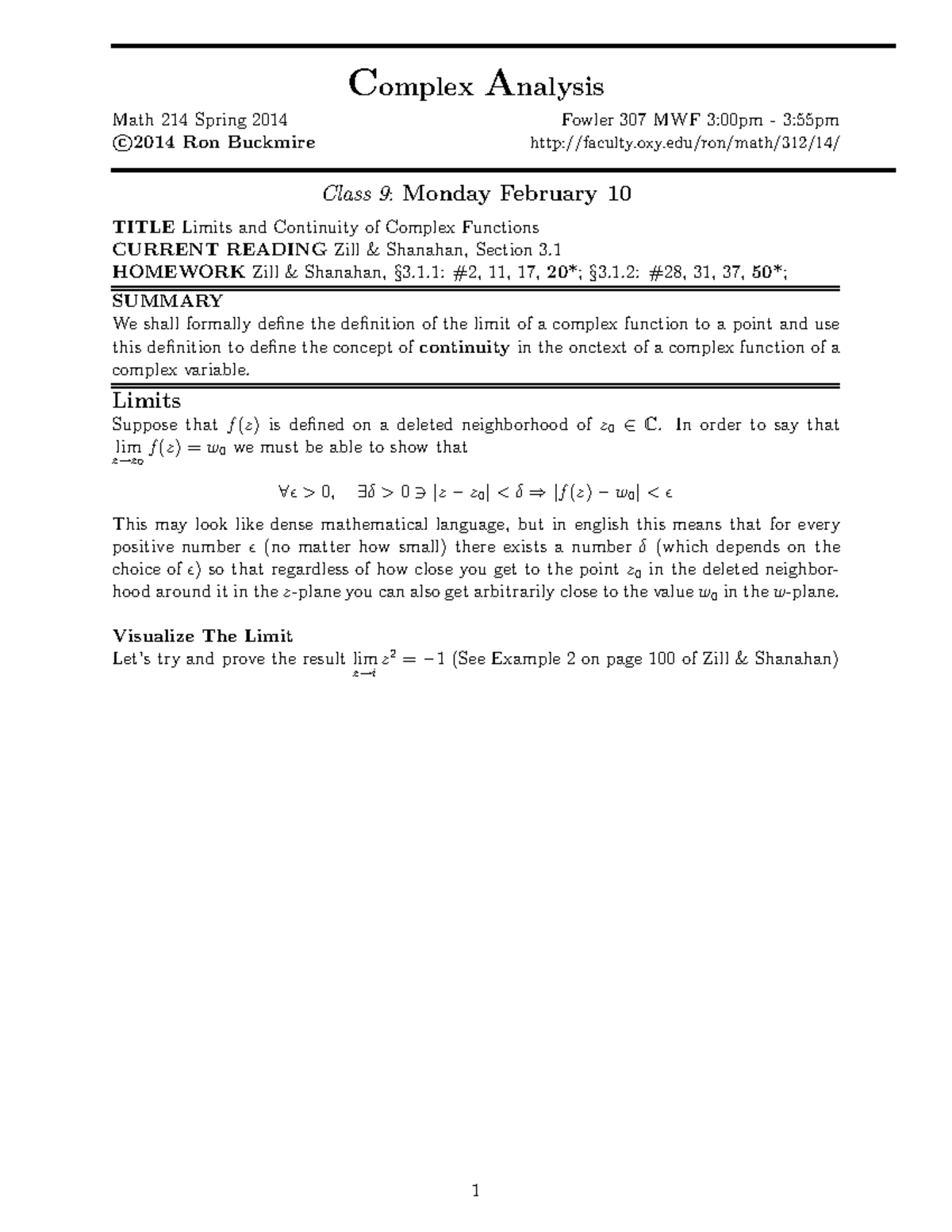 09 - Learning - Complex Analysis Math 214 Spring 2014 Fowler 307 MWF 3 ...