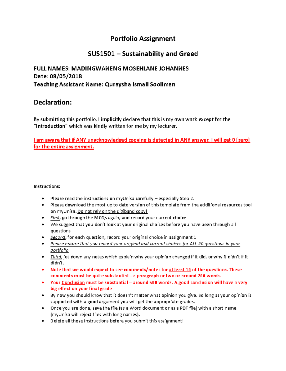 Portfolio Assignment SUS1501 Sustainabil - Portfolio Assignment SUS1501 ...