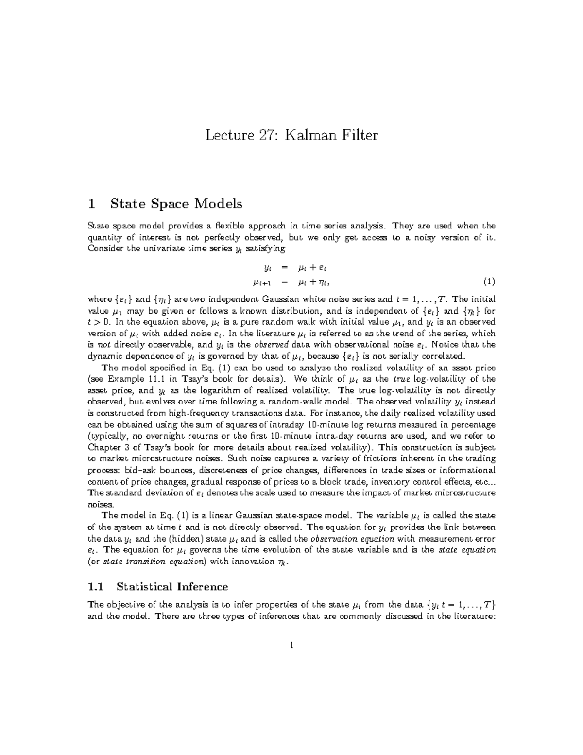 Lecture 27 2024 - Lecture 27: Kalman Filter 1 State Space Models State ...