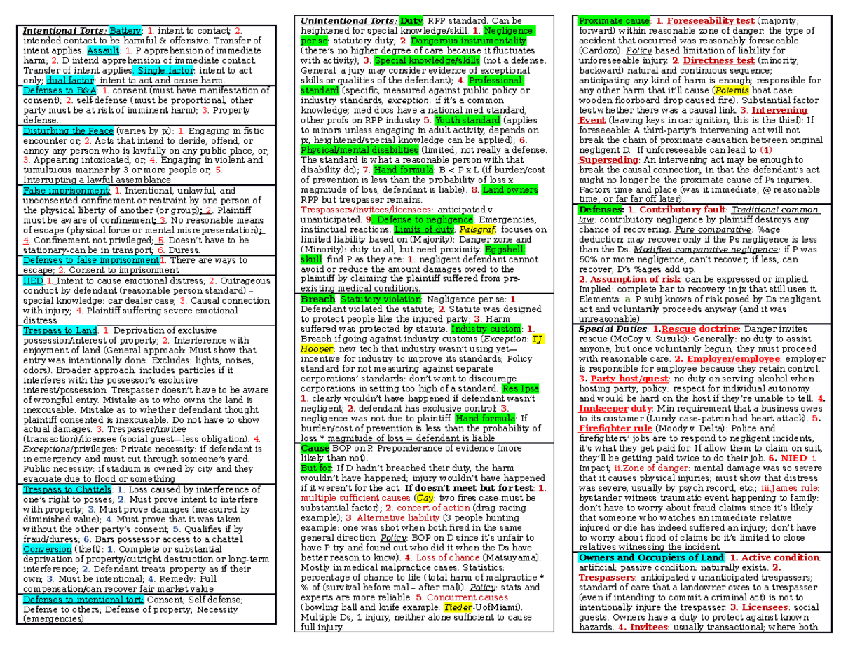 Torts outline 1 sheet - notes - Intentional Torts: Battery: 1. intent ...