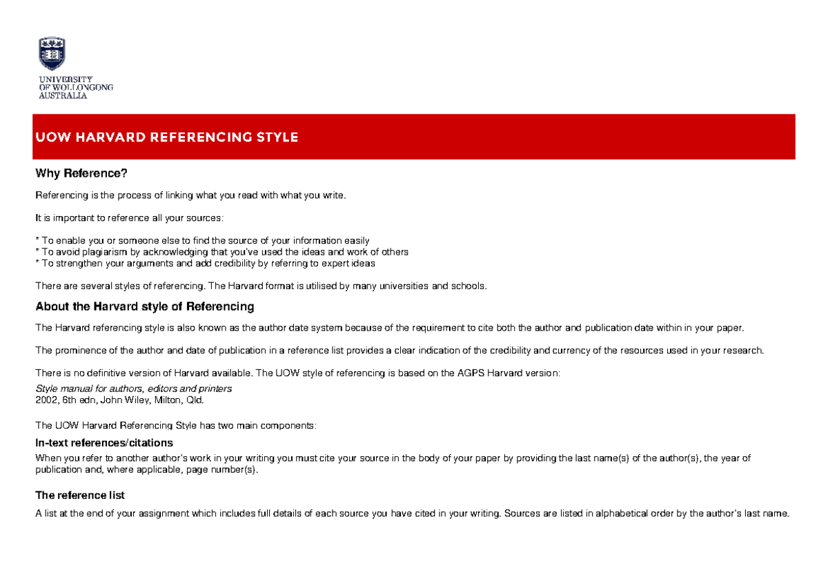 Referncing - UOW HARVARD REFERENCING STYLE Why Reference? Referencing ...