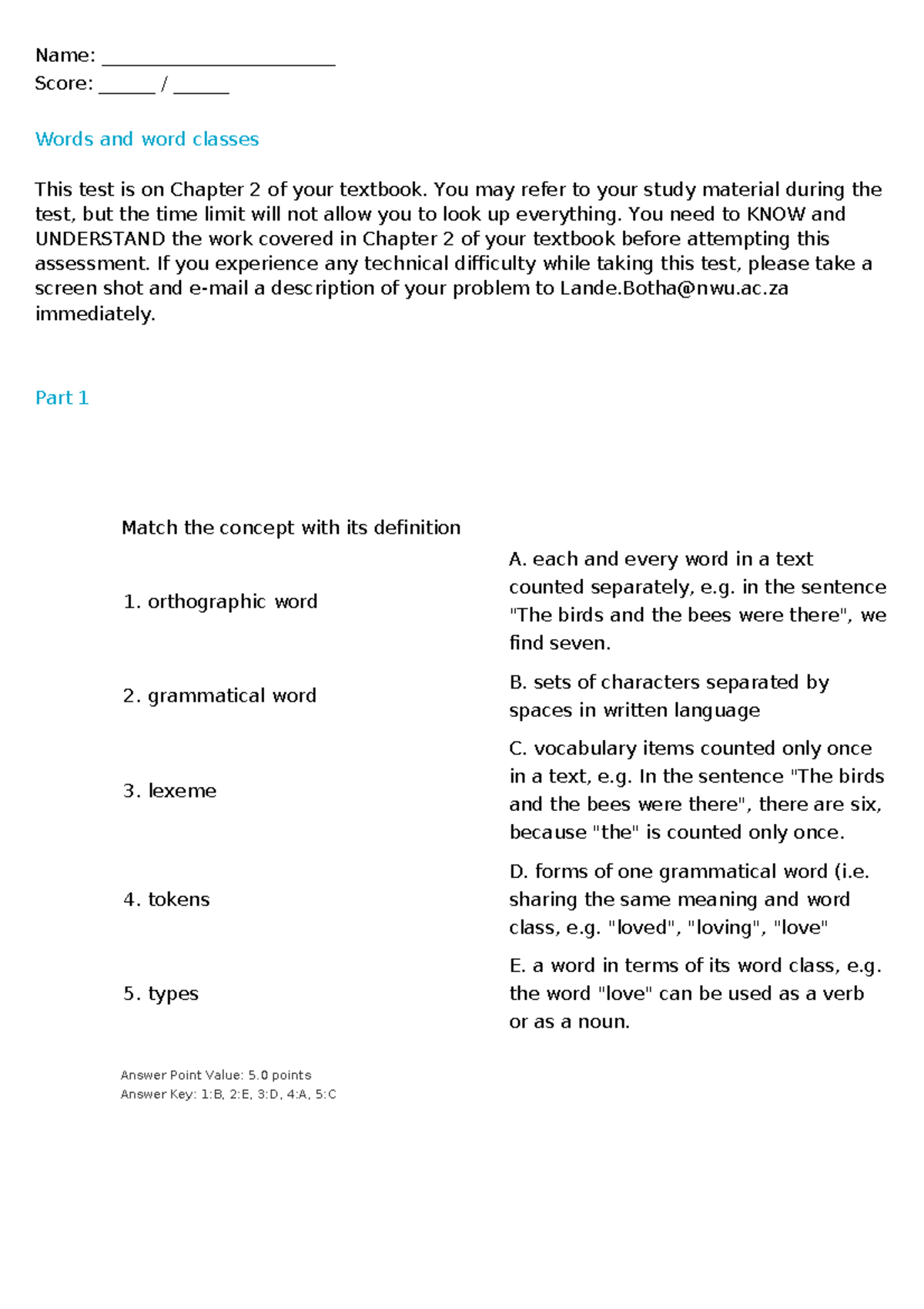Words And Word Classes Quiz MEMO Name words-and-word-classes-quiz-memo-name