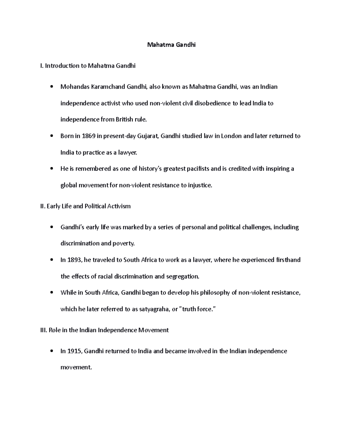 Mahatma Gandhi Notes - Mahatma Gandhi I. Introduction to Mahatma Gandhi ...