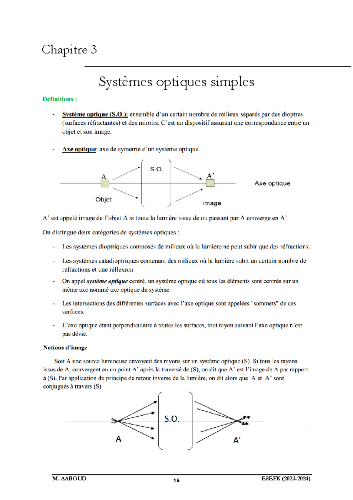 Cours Optique G Chapitre 3 Esefk - Optique Géométrique - Chapitre 3 Systèmes optiques simples ...