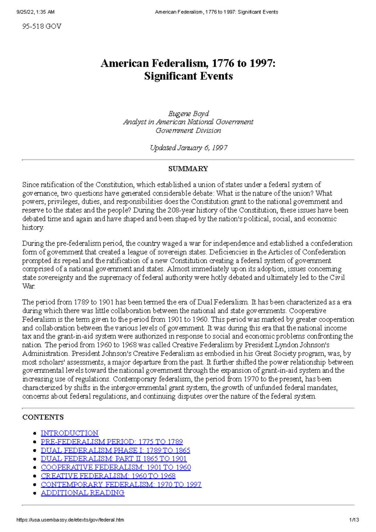 American Federalism, 1776 to 1997 Significant Events - 95-518 GOV ...
