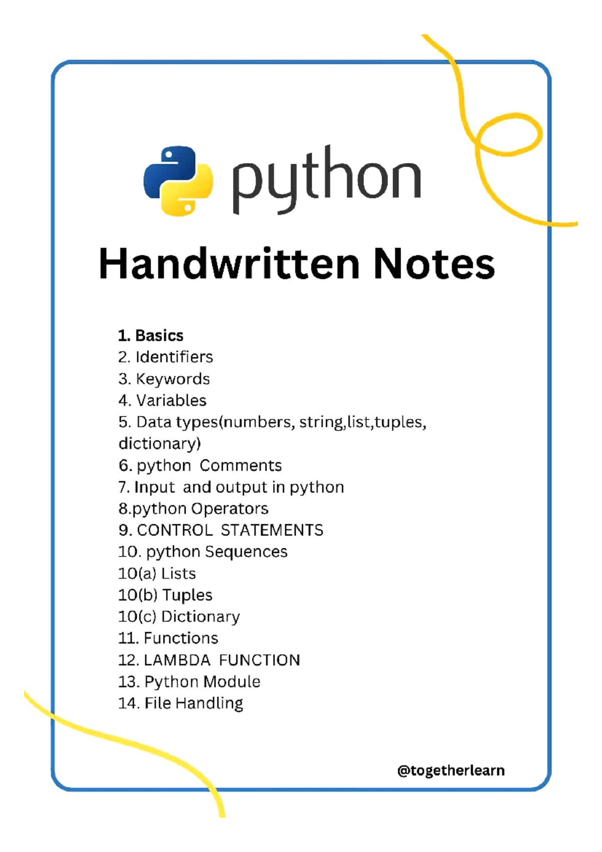 Python Handwritten Notes Basics 2 Identifiers 3 Keywords 4 Variables 5 Data Types Numbers