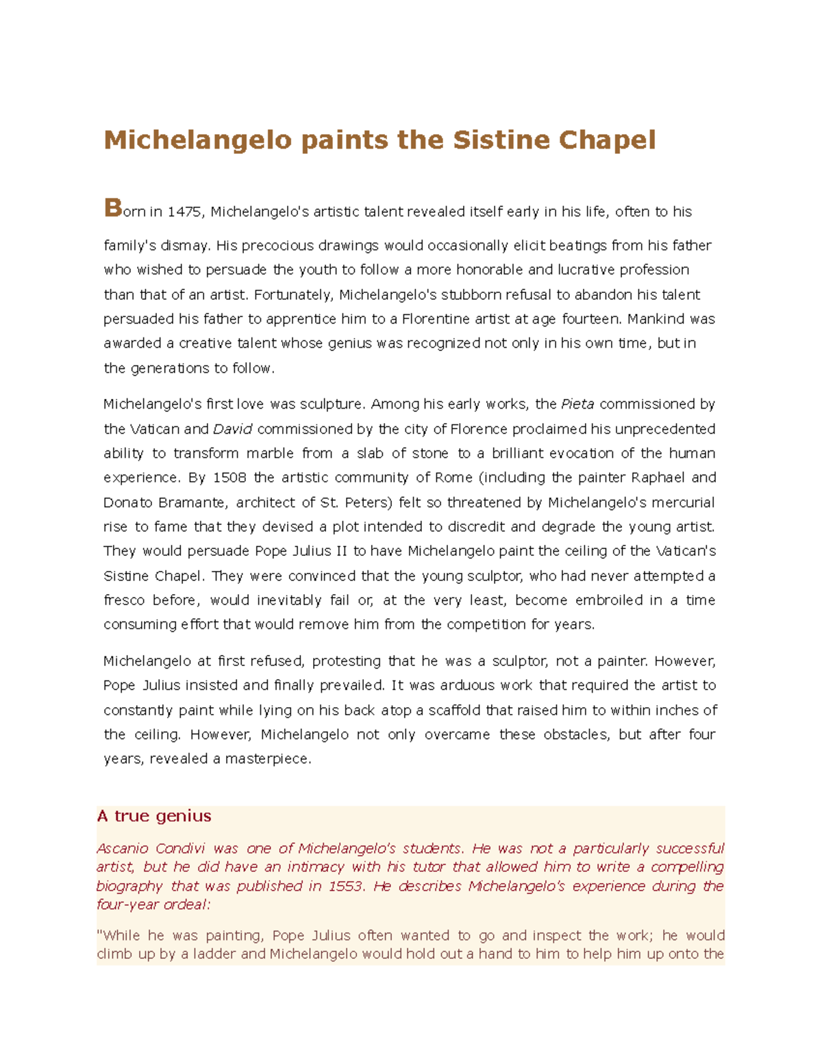 Michaelangelo Reading and Questions - Michelangelo paints the Sistine ...