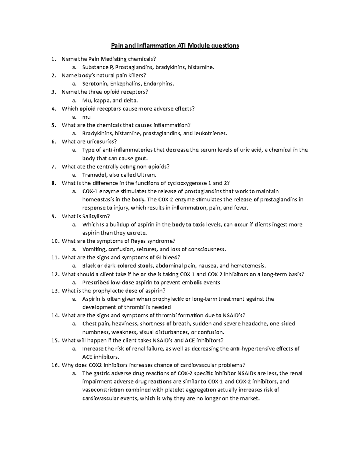 Pain and Inflammation ATI Module questions - Substance P ...