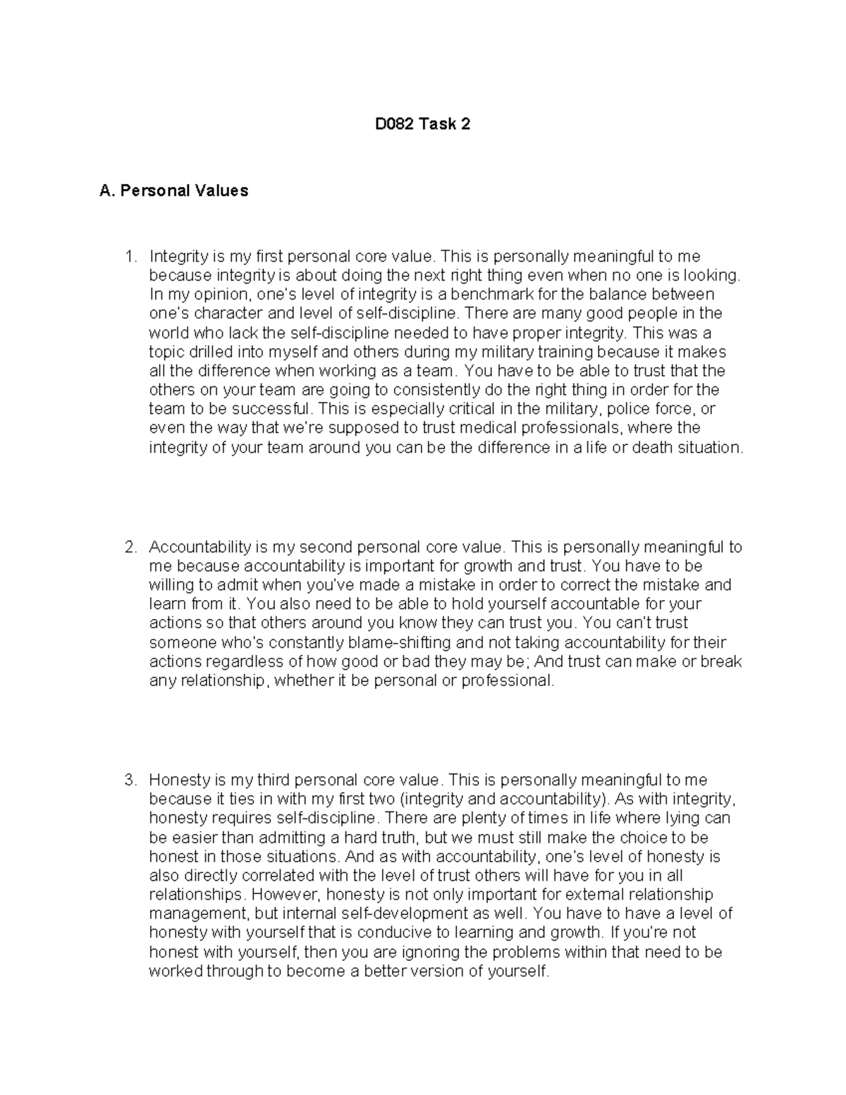 D082 Task 2 - Rebecca Powell - D082 Task 2 A. Personal Values Integrity is my first personal ...