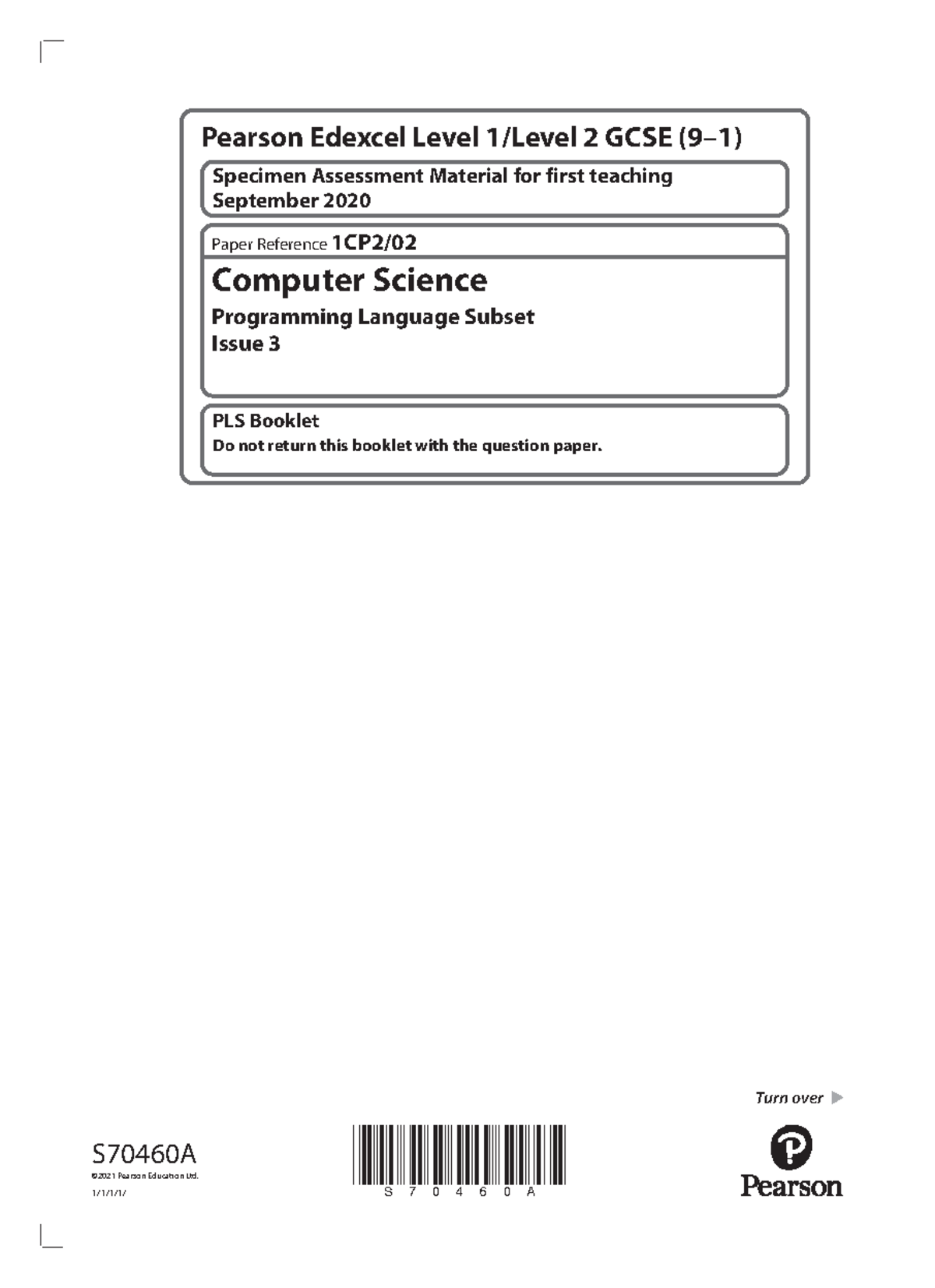 GCSE L1 L2 Computer Science 2020 Programming Language Subset PLS v3 - S70460A Turn over S70460A ...