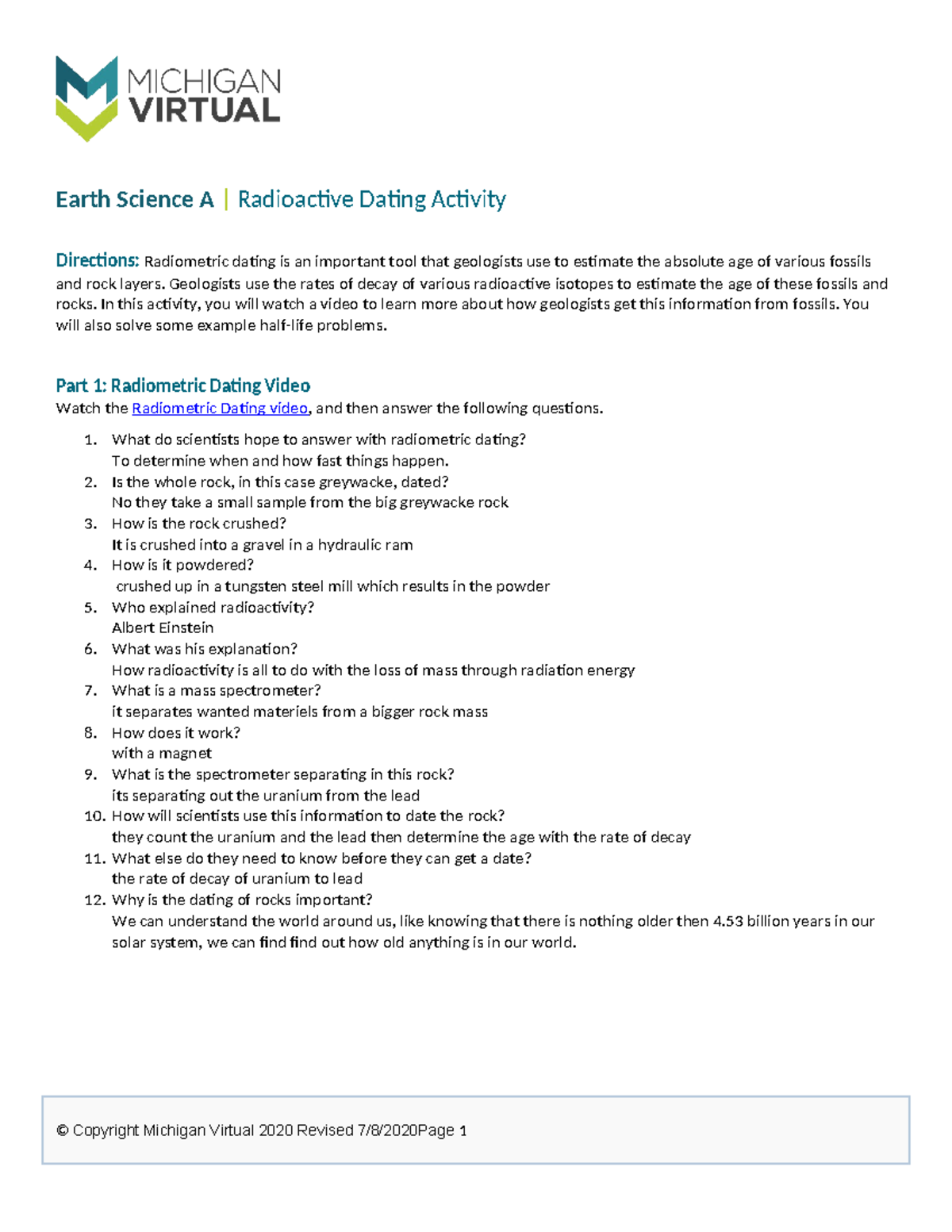 U7 Radioactive Dating Activity - Earth Science A | Radioactive Dating ...