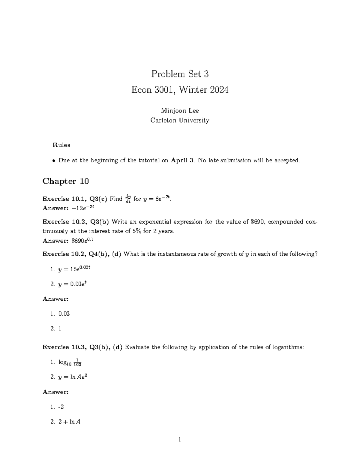 Econ3001 PS3 Answer Keys - Problem Set 3 Econ 3001, Winter 2024 Minjoon Lee Carleton University ...