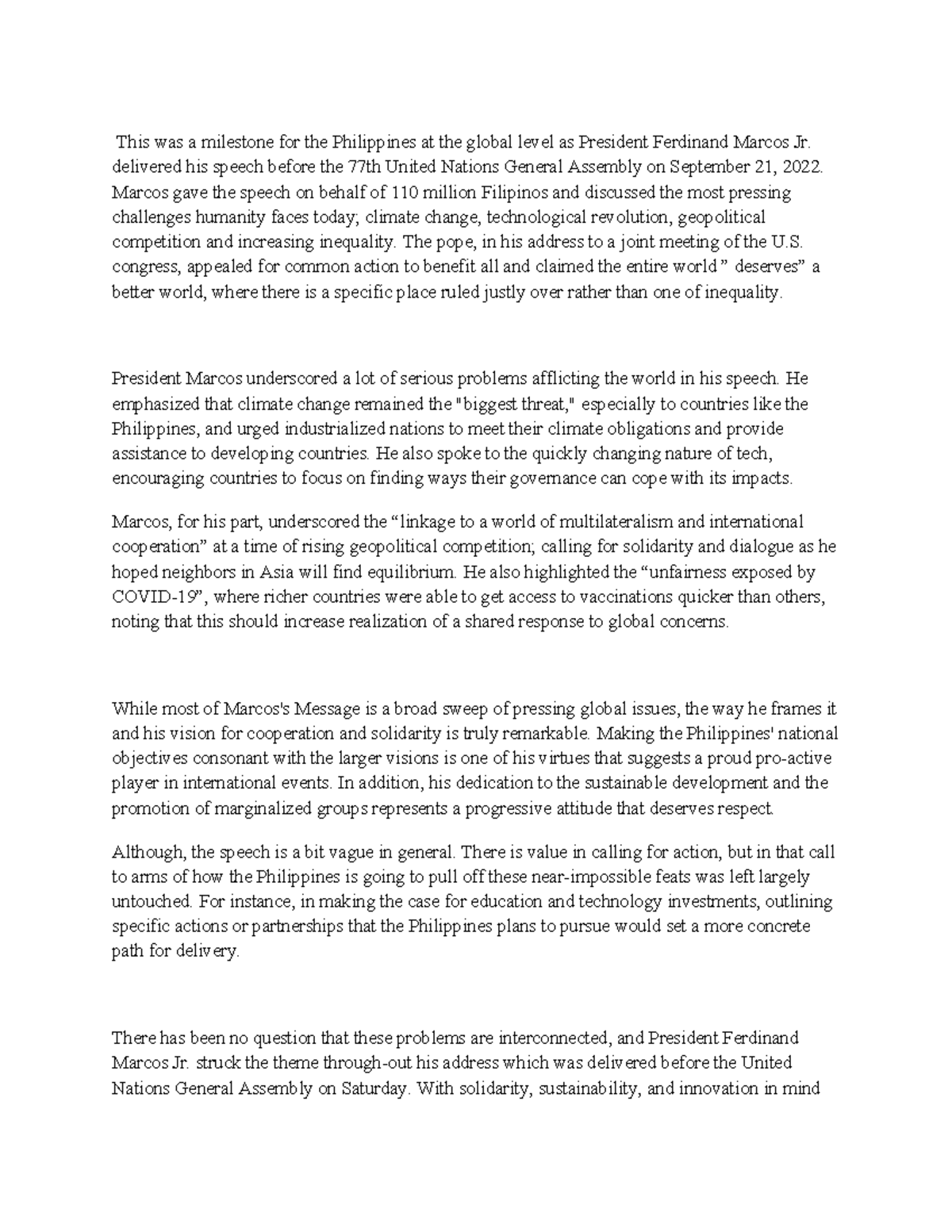 Position paper - 2022 BBM UNGA Speech - This was a milestone for the ...