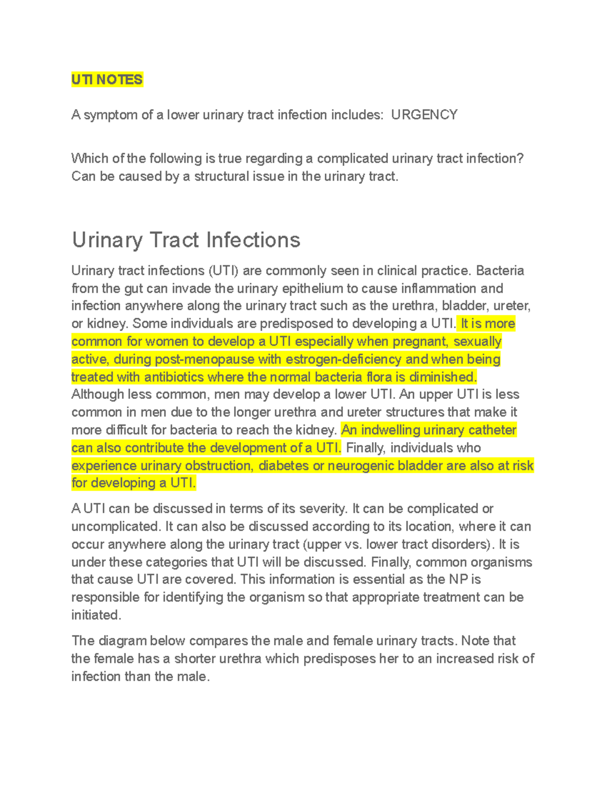 NR 507 urinary notes - UTI NOTES A symptom of a lower urinary tract ...