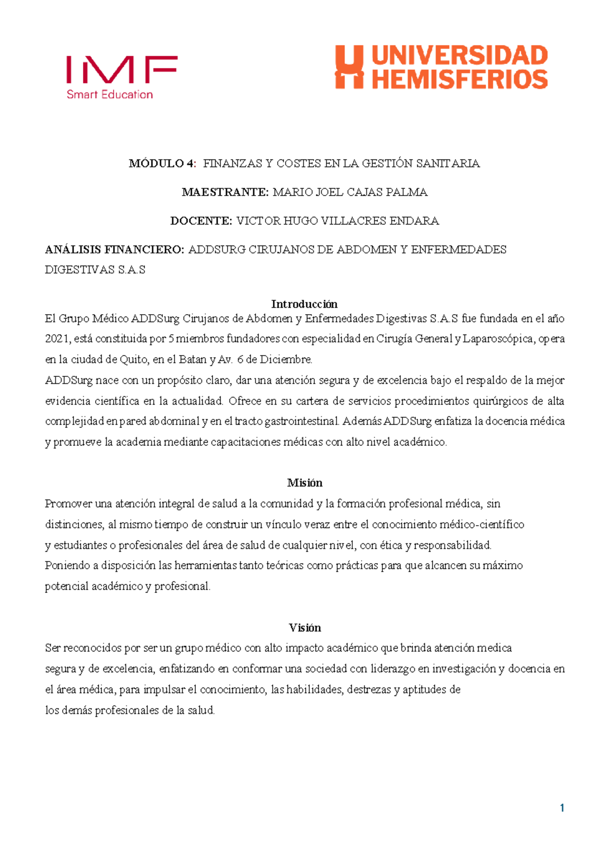 Módulo Finanzas Y Costes EN LA Gestión Sanitaria Mario Cajas 2 - MÓDULO ...