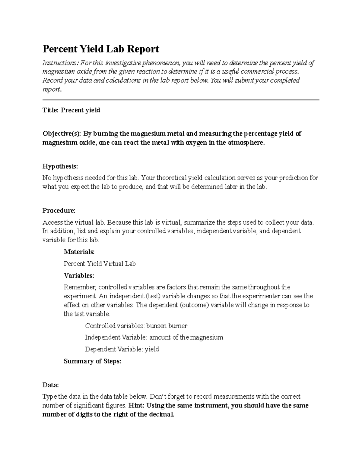 05.06 lab report final copy - Percent Yield Lab Report Instructions ...