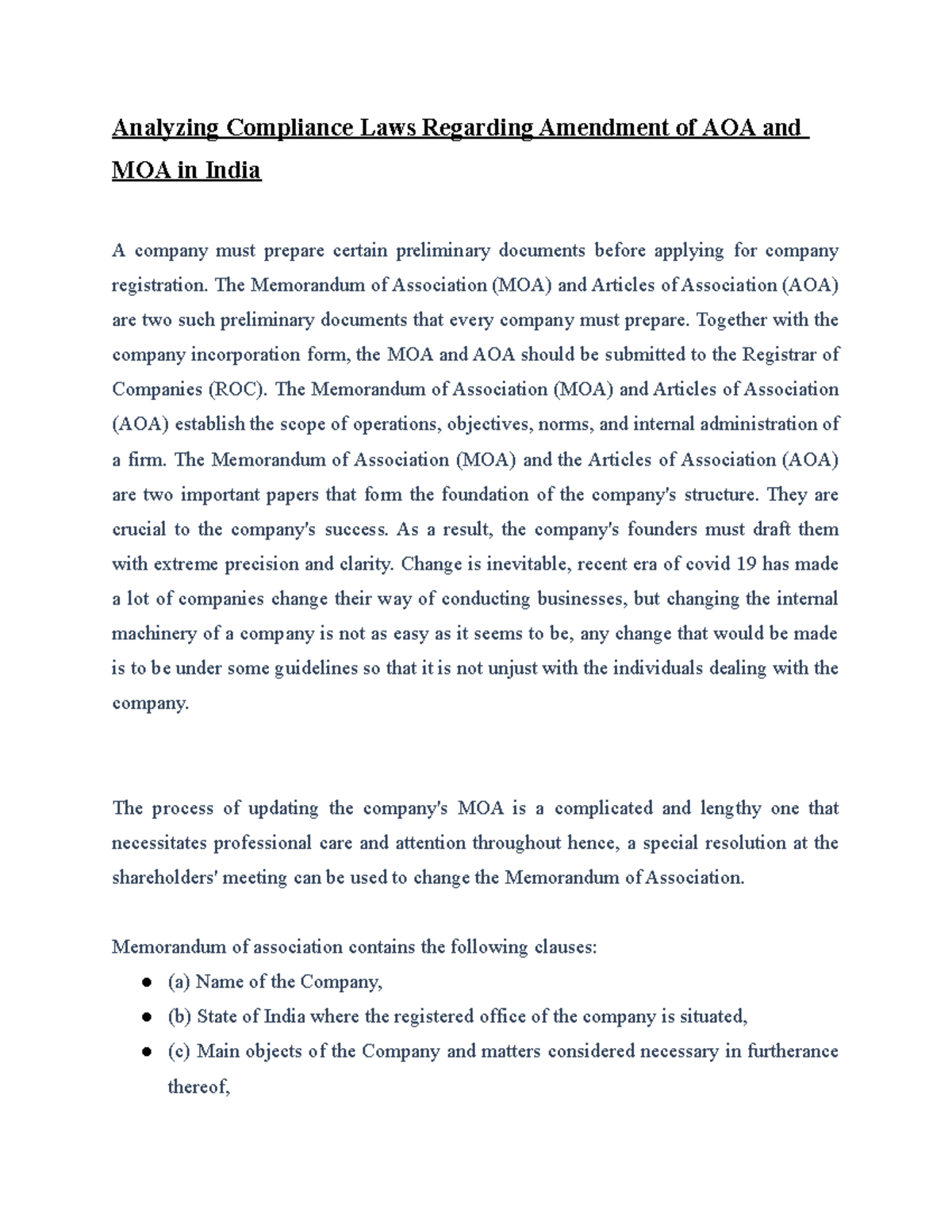Analyzing Compliance Laws Regarding Amendment of AOA and MOA in India ...