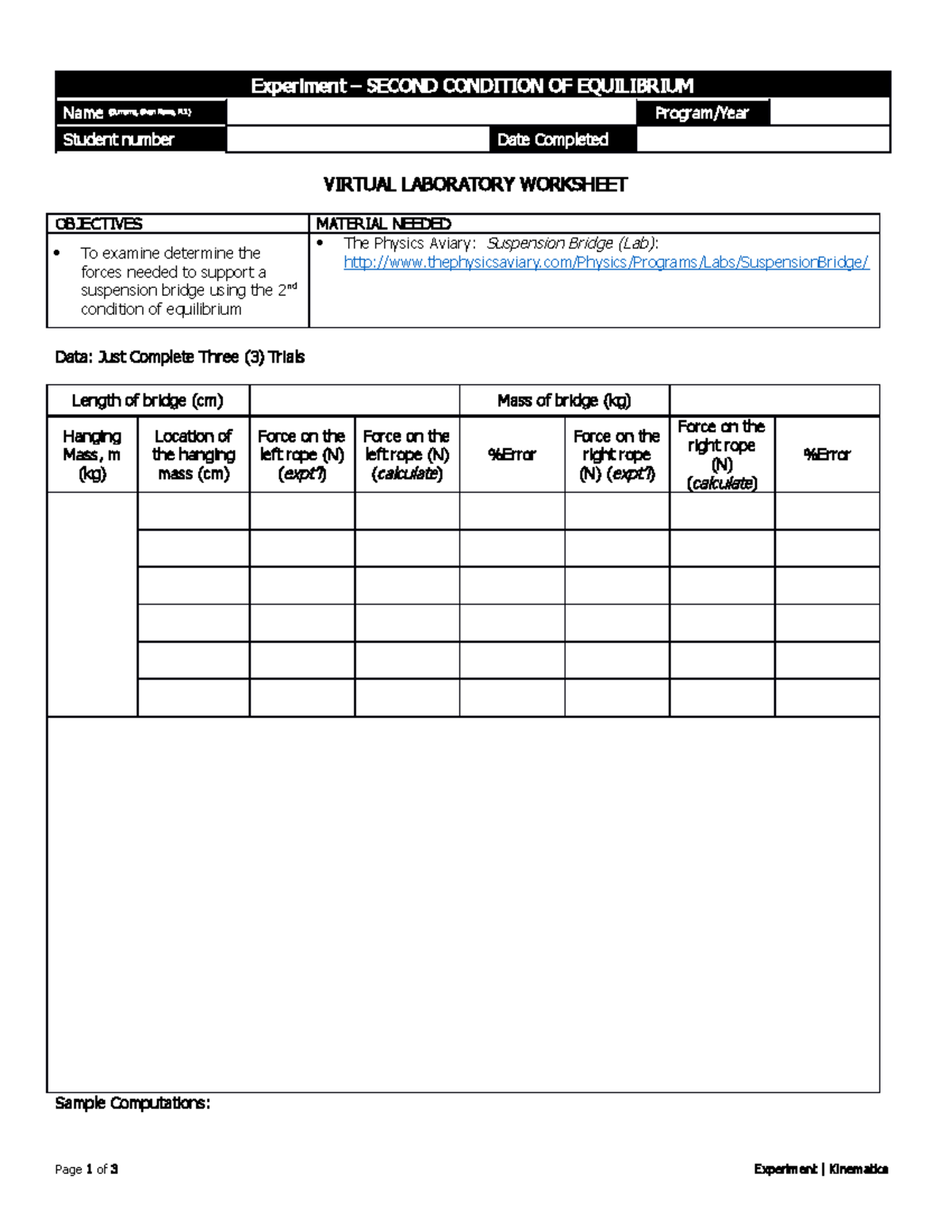Expreiment 104 2nd Condition of Equilibrium Worksheet - Experiment ...