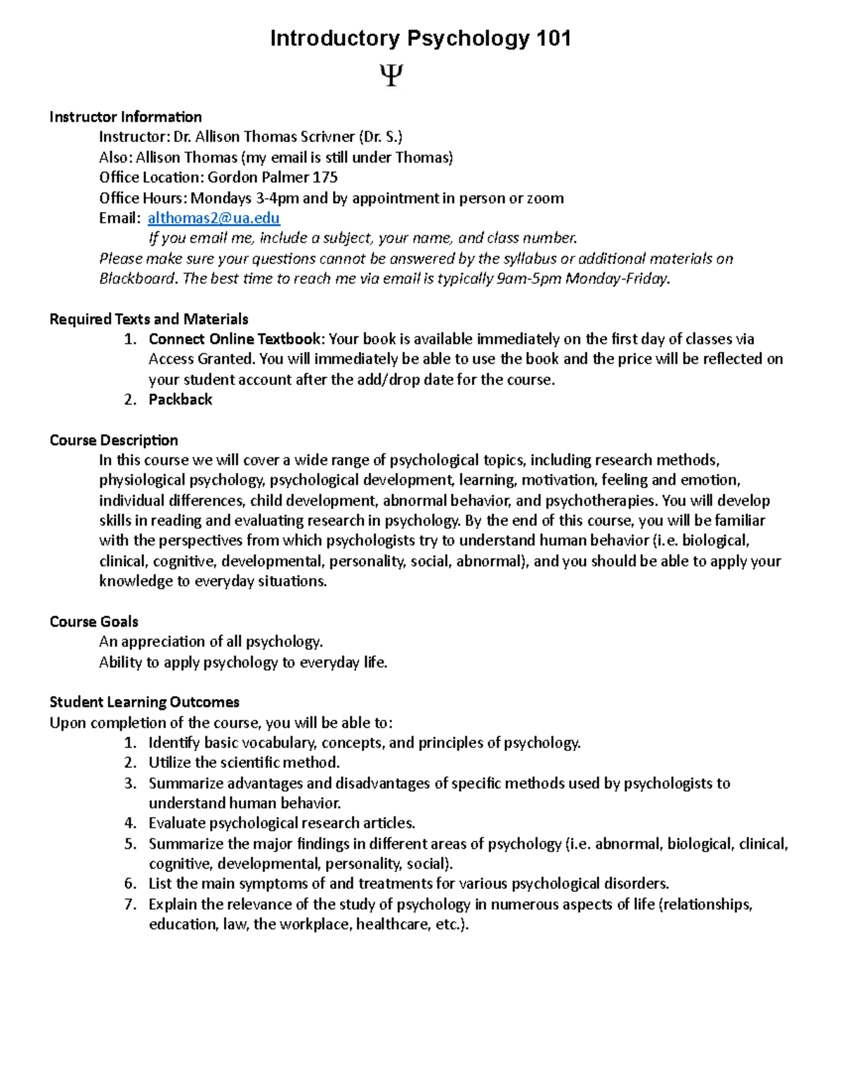 PY 101 TR Sp. 22 Syllabus (1) - Instructor Information Instructor: Dr ...