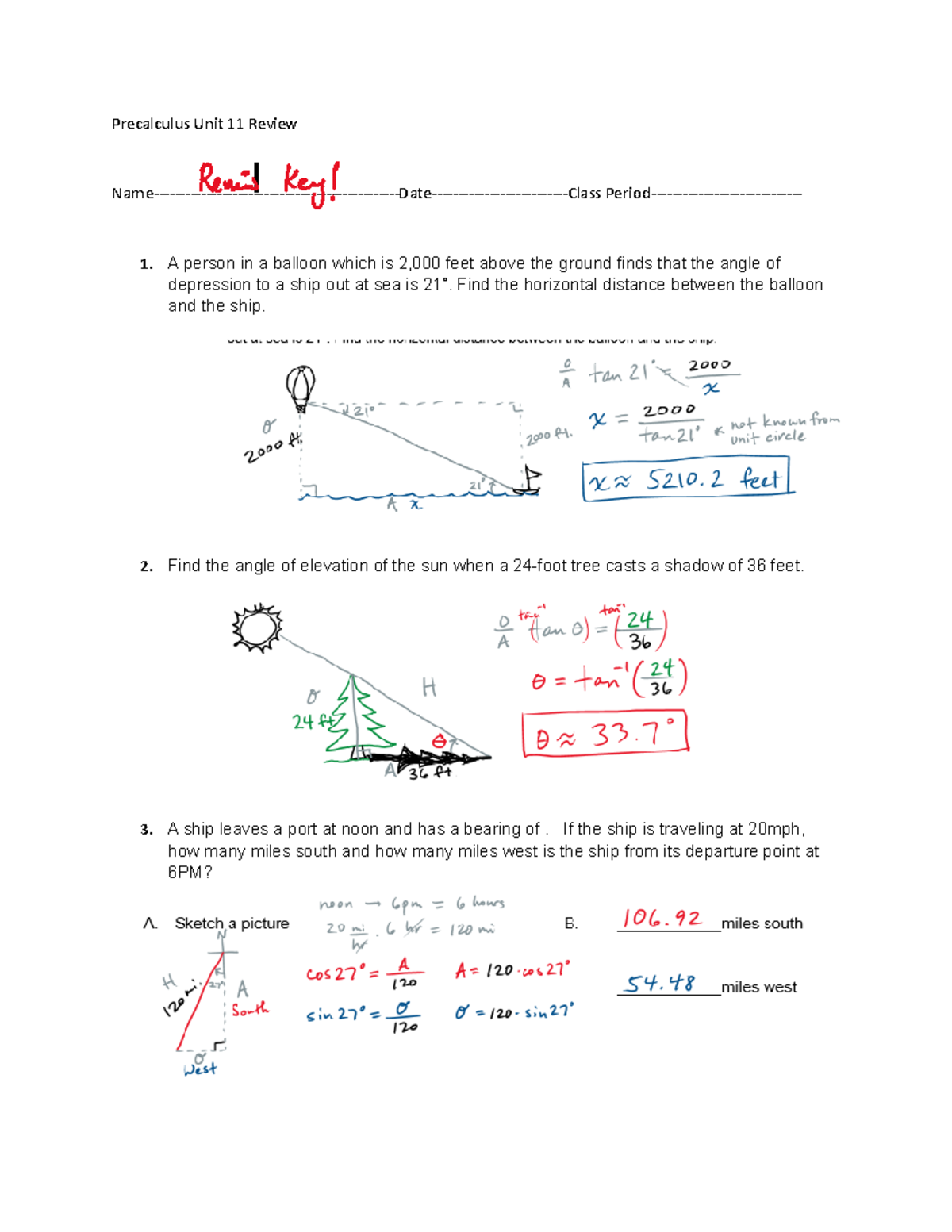 Precalculus Unit 11 Review - Key 2 - Precalculus Unit 11 Review Name ...