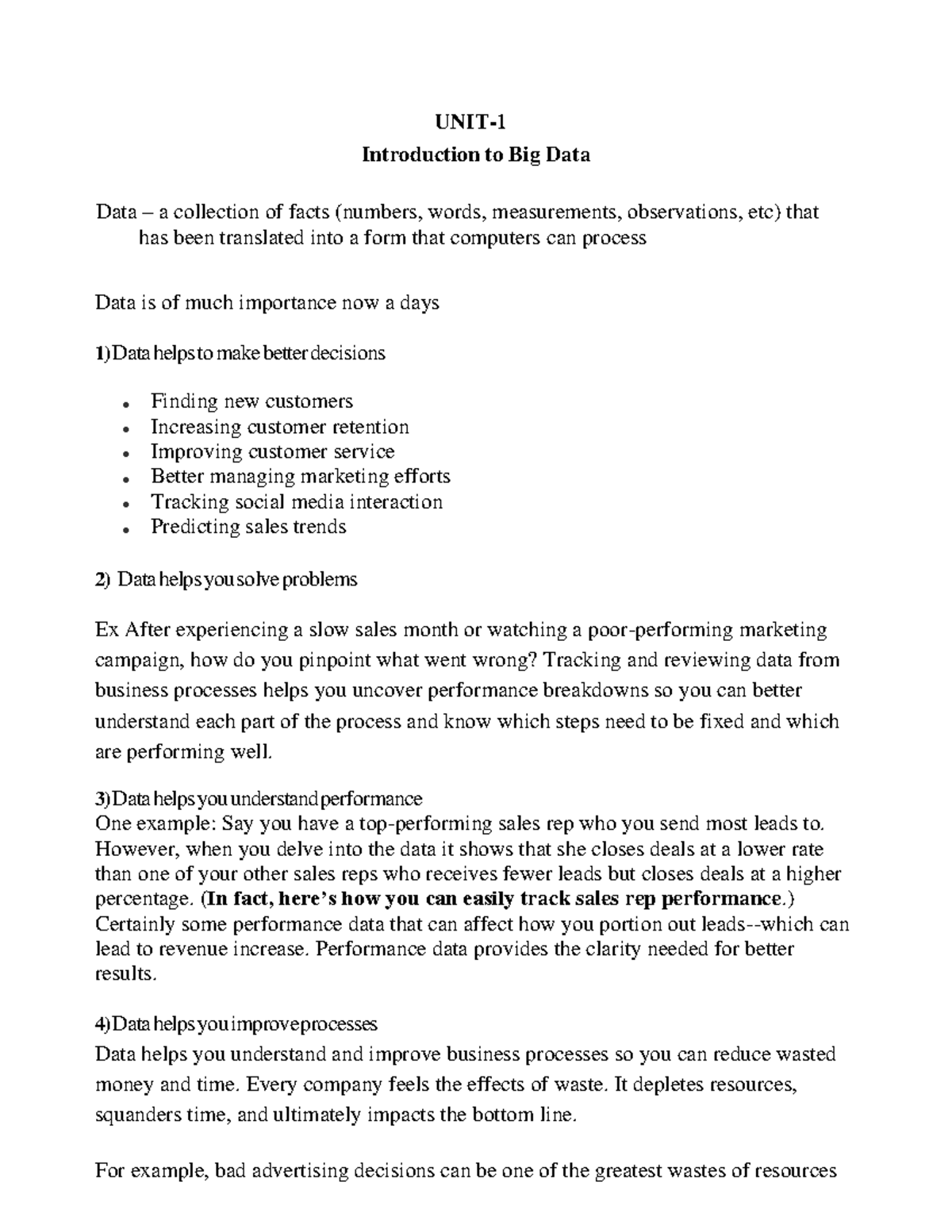 BD-unit1 - UNIT- 1 Introduction to Big Data Data – a collection of facts (numbers, words, - Studocu