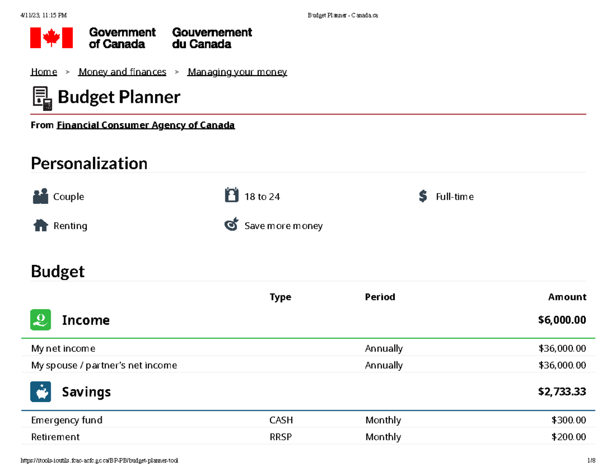Budget Planner - Canada - Home > Money and nances > Managing your money ...