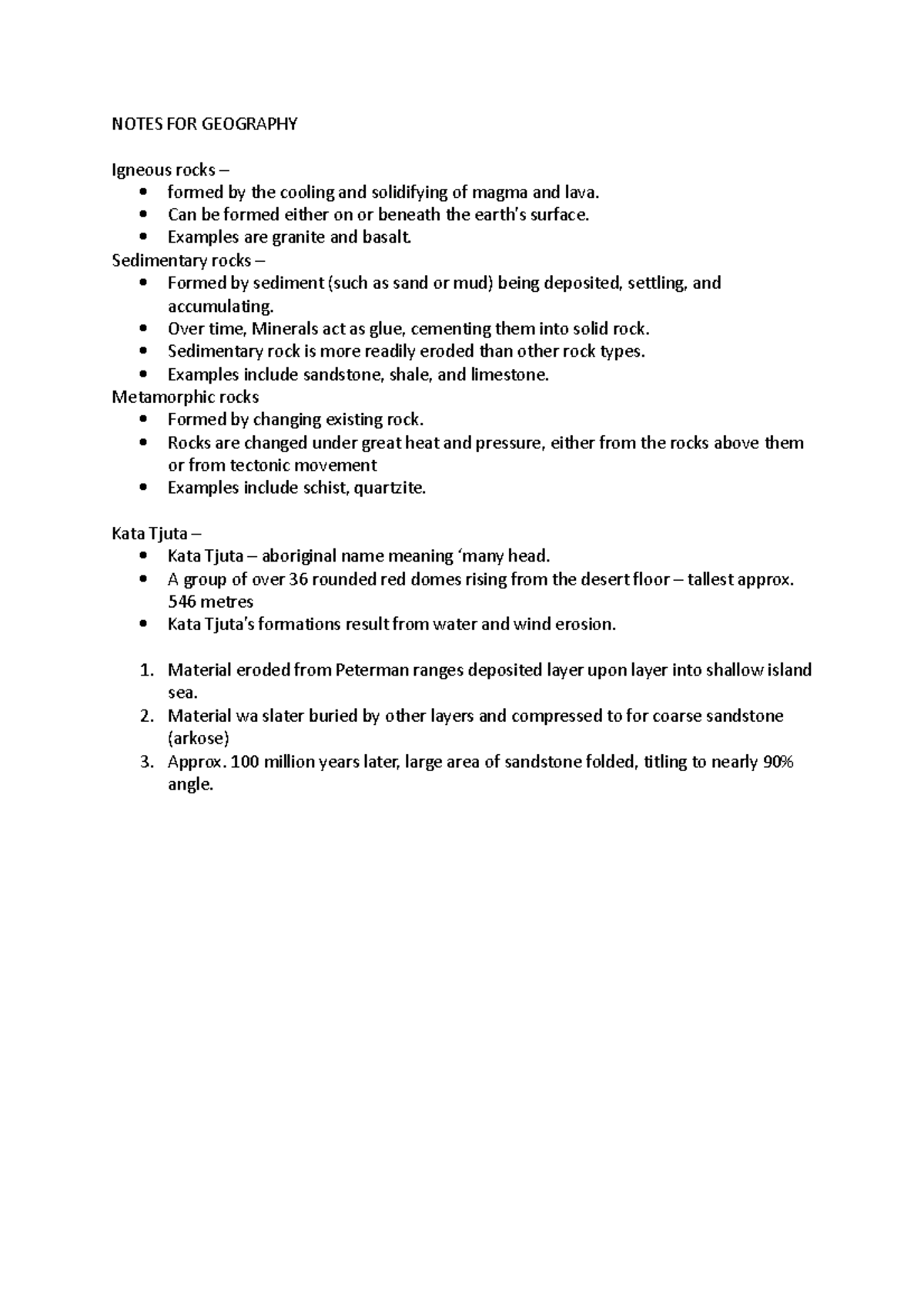 Notes FOR Geography - NOTES FOR GEOGRAPHY Igneous rocks – formed by the ...