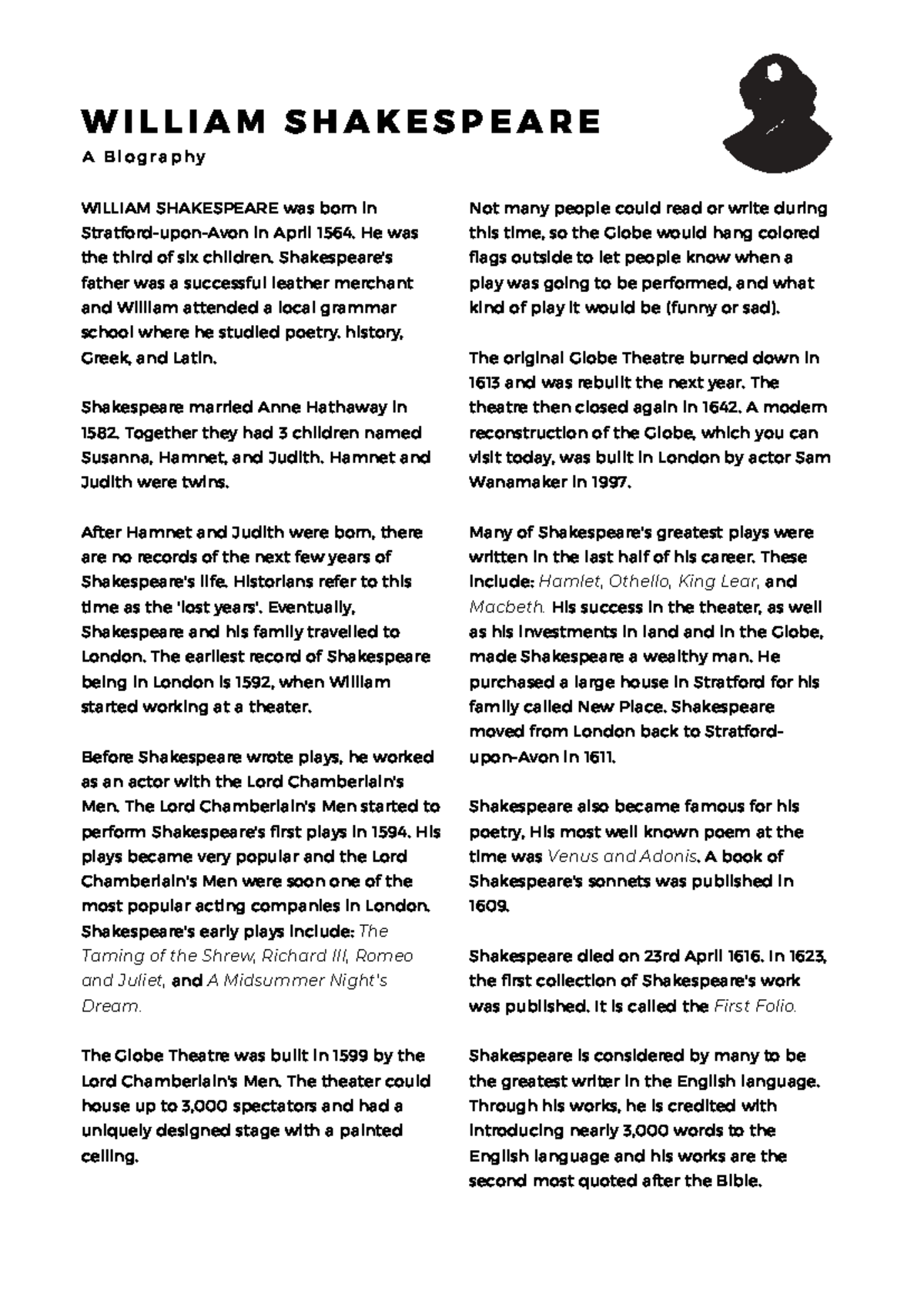 1Intro to Shakespeare for Students - A B i o g r a p h y WILLIAM ...