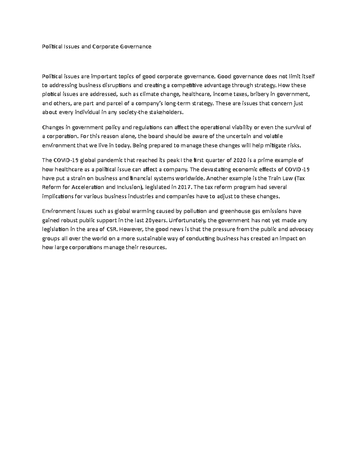Political Issues and Corporate Governance - Political Issues and ...