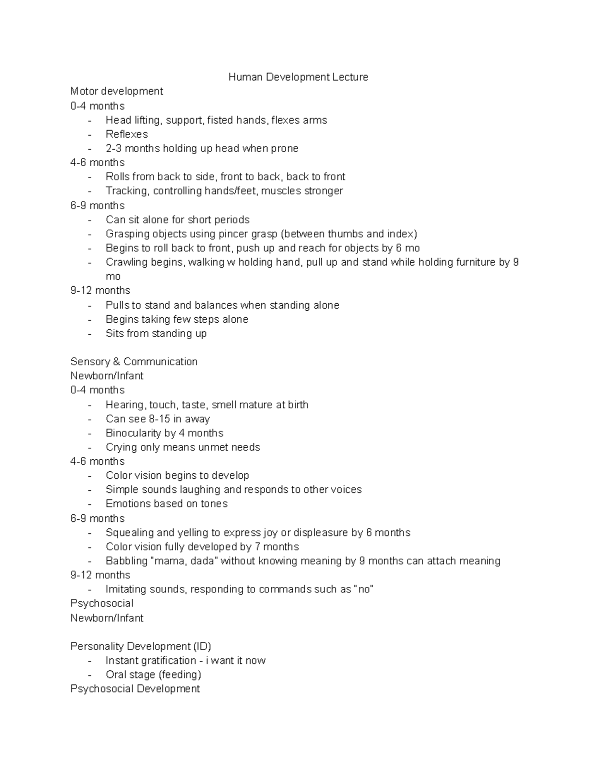 Human Development Notes - Human Development Lecture Motor development 0 ...