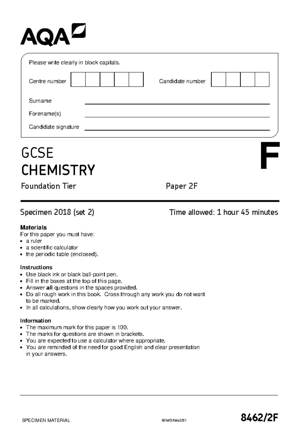 Chemistry Paper 2 Foundation - ####### For Examiner’s Use ...