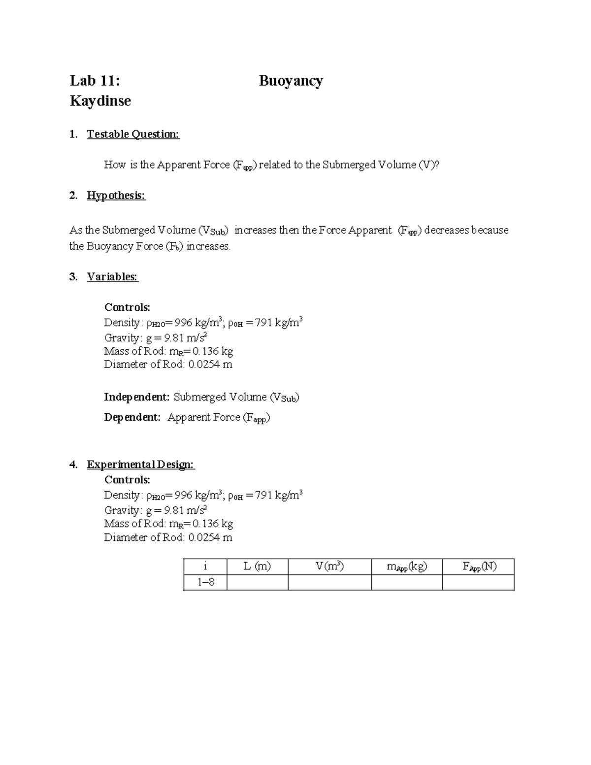 SCH PHY111L Lab 11 Buoyancy 3 - Lab 11: Buoyancy Kaydinse Testable ...