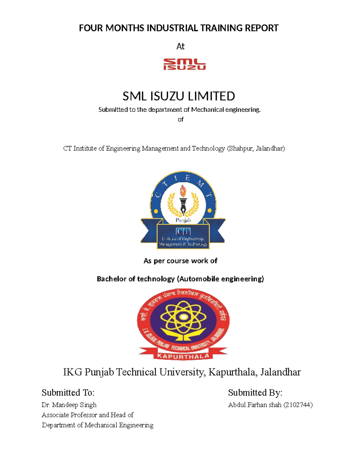 8 sem report new - FOUR MONTHS INDUSTRIAL TRAINING REPORT At SML ISUZU ...