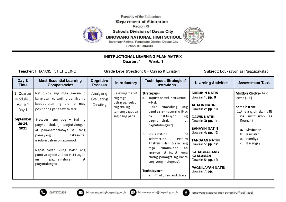ILP Grade-8 Q1 Week-1 - ILP - INSTRUCTIONAL LEARNING PLAN MATRIX ...