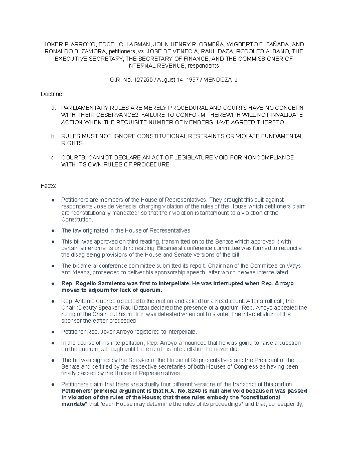 Arroyo vs. De Venecia digest - JOKER P. ARROYO, EDCEL C. LAGMAN, JOHN ...