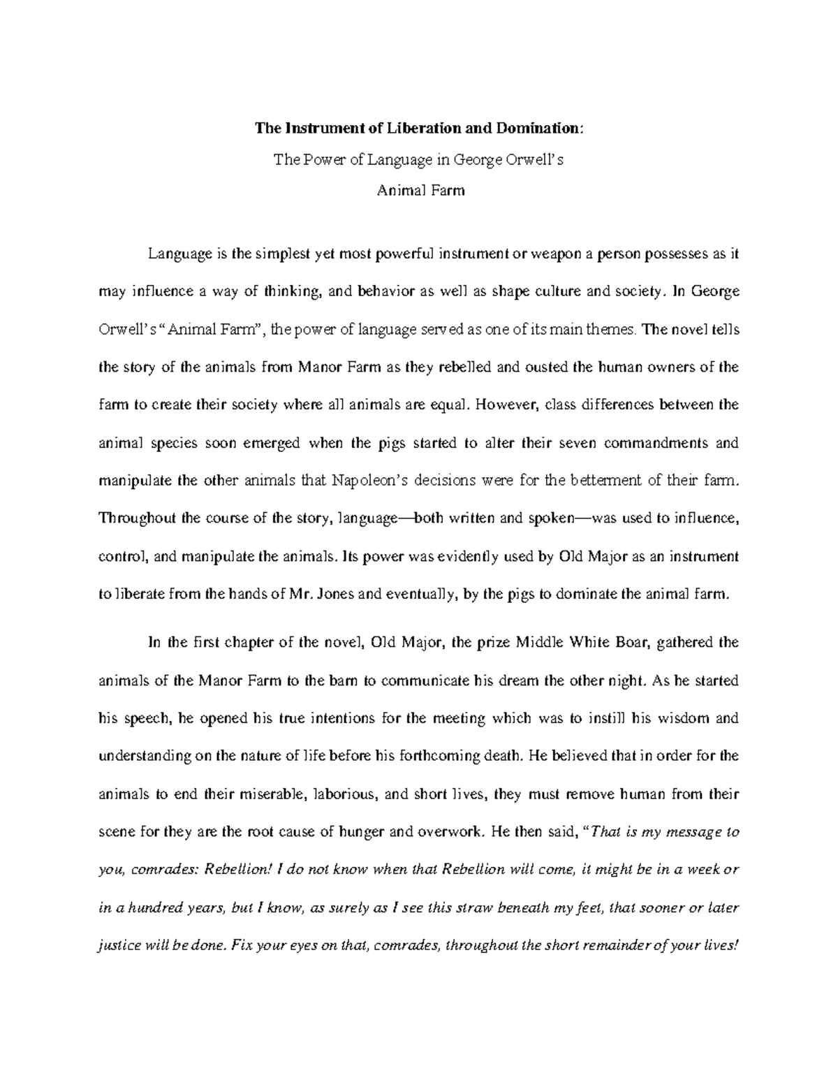 LIT Analysis Animal FARM - The Instrument of Liberation and Domination ...