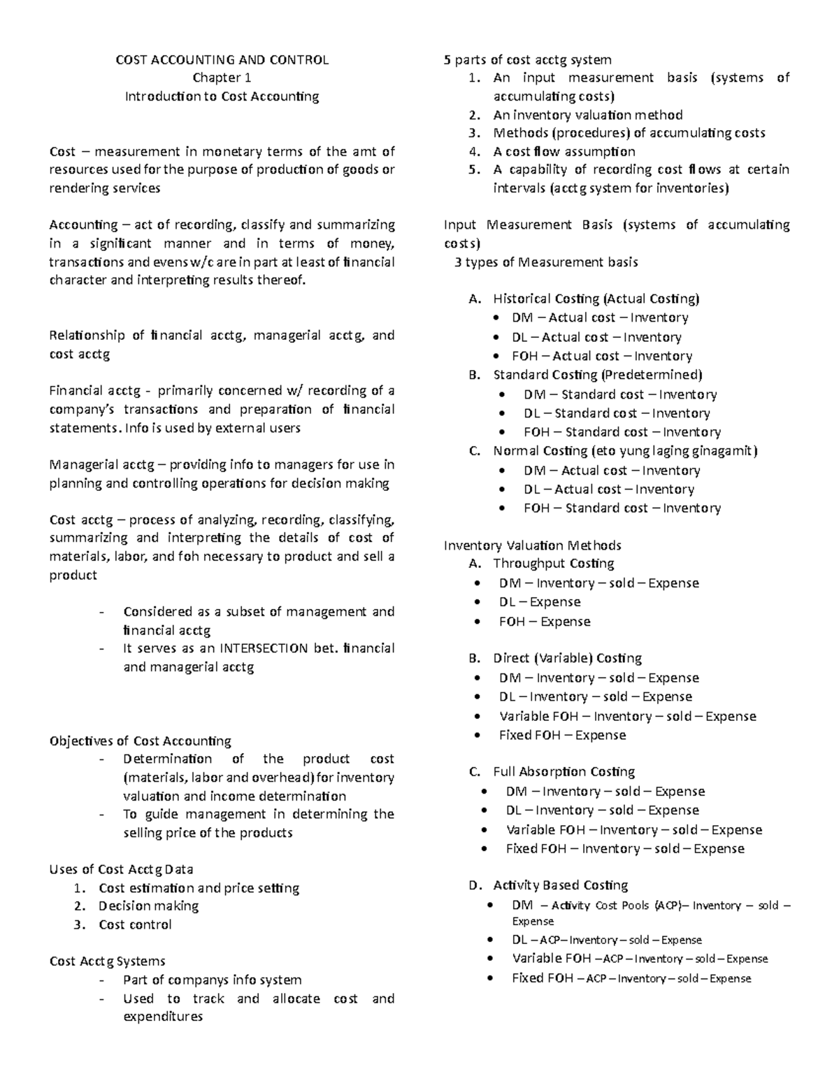 CAC Reviewer Chapter 1 Intro to Cost Acc - COST ACCOUNTING AND CONTROL ...