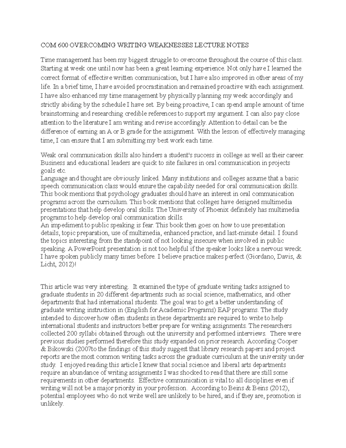 COM 600 Overcoming Writing Weaknesses Lecture Notes - COM 600 ...