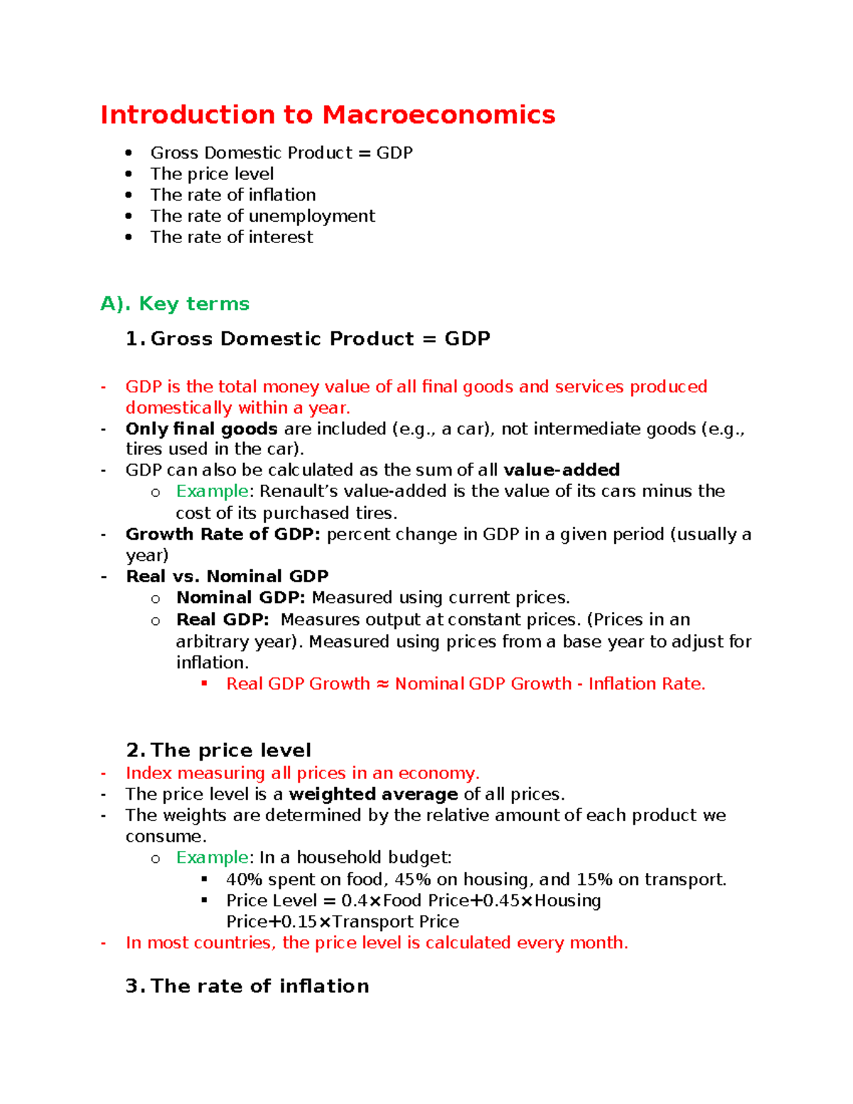 Introduction to Macroeconomics - Key terms 1. Gross Domestic Product ...