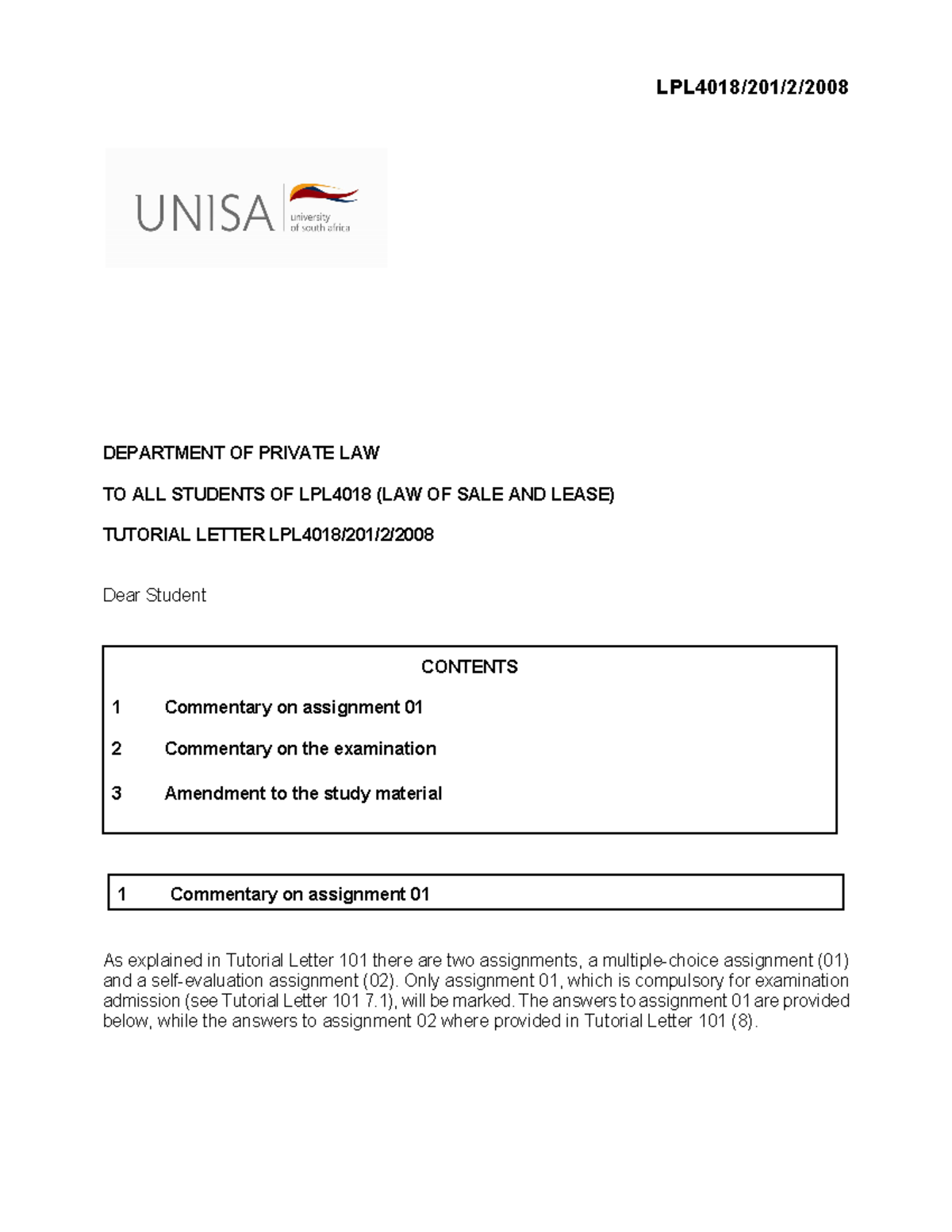 Combined 201 Tut Letters sales and lease - lpl4801 - Unisa - Studocu
